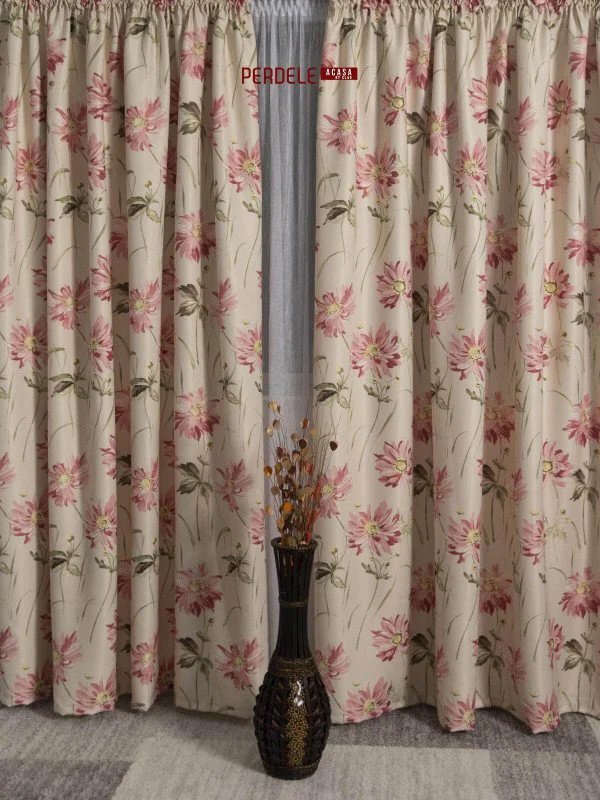 draperie saten model flori crem,roz