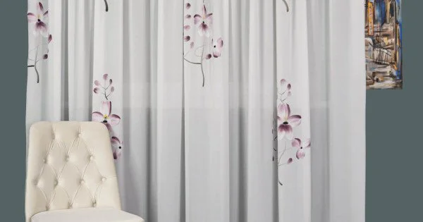 Perdea triplu voal brodat alb/lila - PA-2681